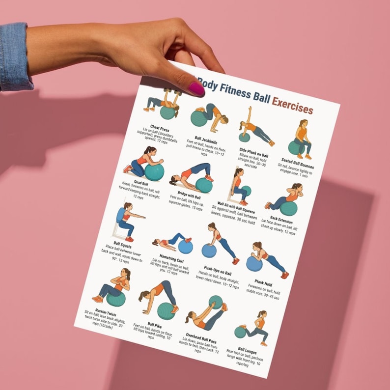 16 Full Body Fitness Ball Exercises Workout Poster, Stability Ball ...