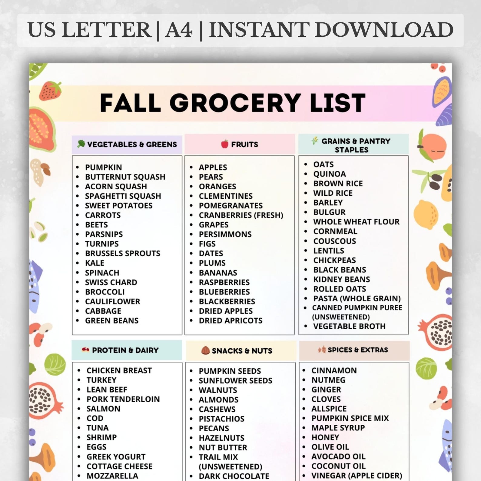 Fall Grocery List Printable PDF | Autumn Food List | Seasonal Grocery ...