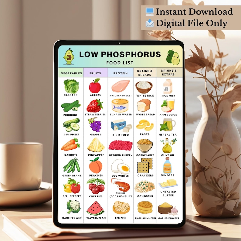 Low Phosphorus Food Chart | for Kidney Diet, Renal Meal Prep, Low ...