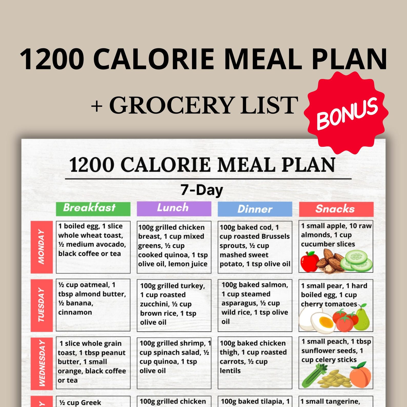 1200 Calorie Meal Plan PDF, 1200 Calories Diet Food List, 1200 Calorie ...
