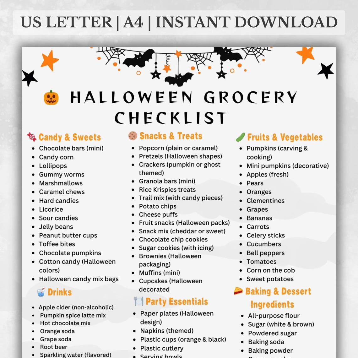 Halloween Grocery List Printable PDF, Halloween Food List, Party Food ...