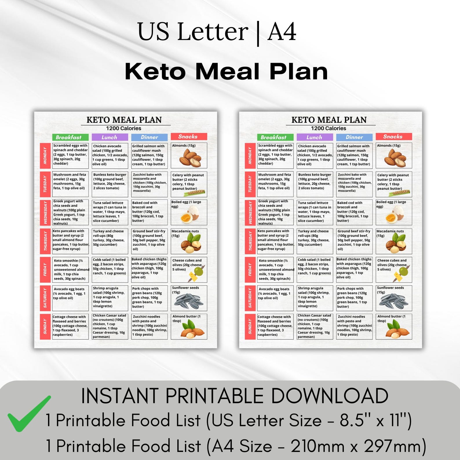 Keto Meal Plan Printable PDF | 7-day Low Carb Tracker | 1200 Calorie ...