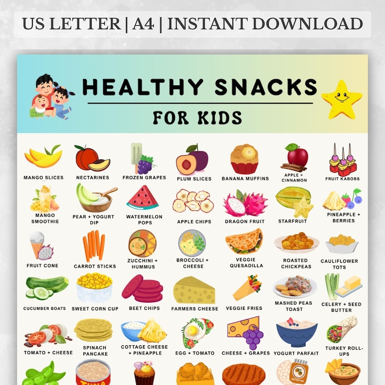 Healthy Snacks for Kids Printable | School Lunch Toddler Snack List ...