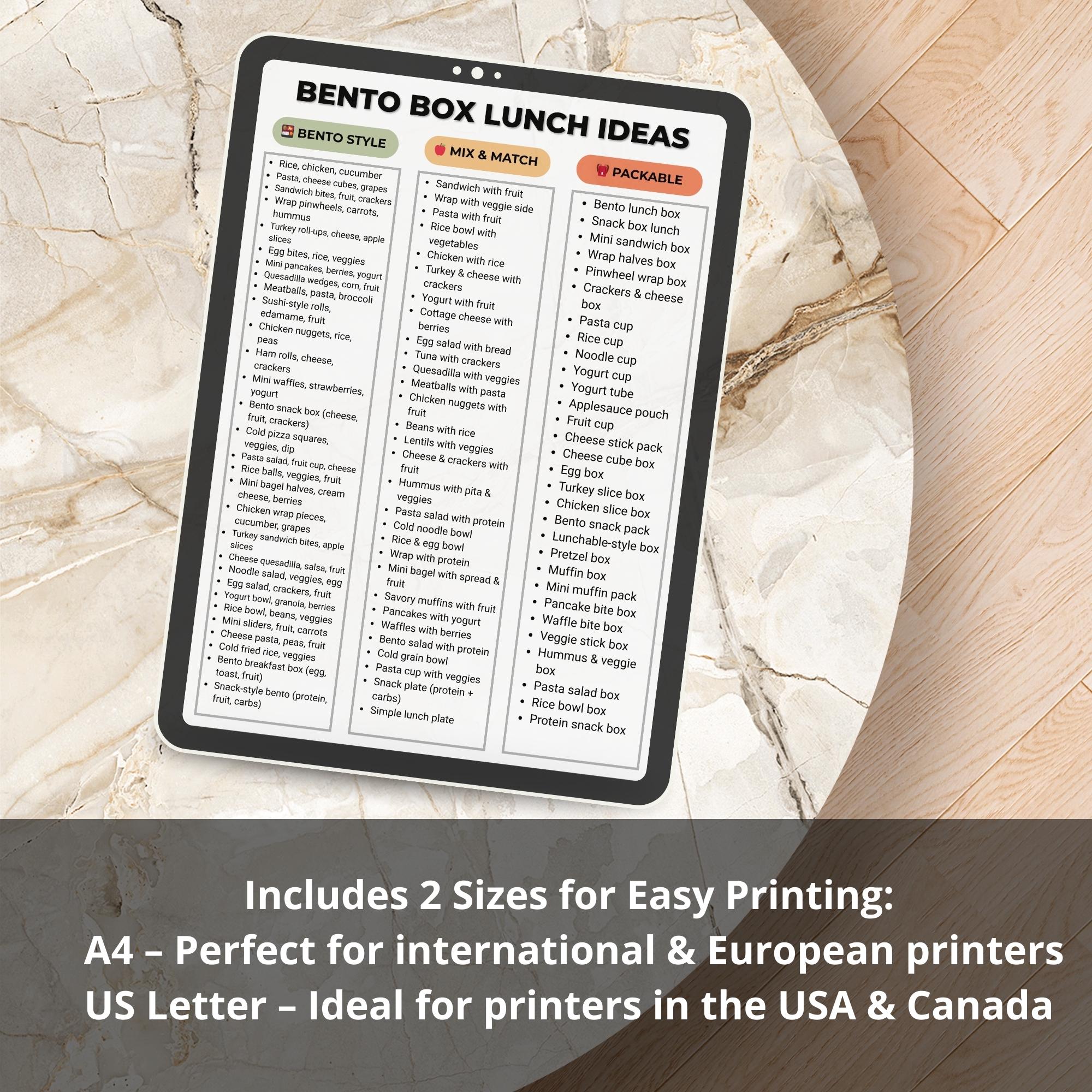 Bento Box Lunch Ideas Printable, Kids Bento Lunchbox Ideas, Packable ...