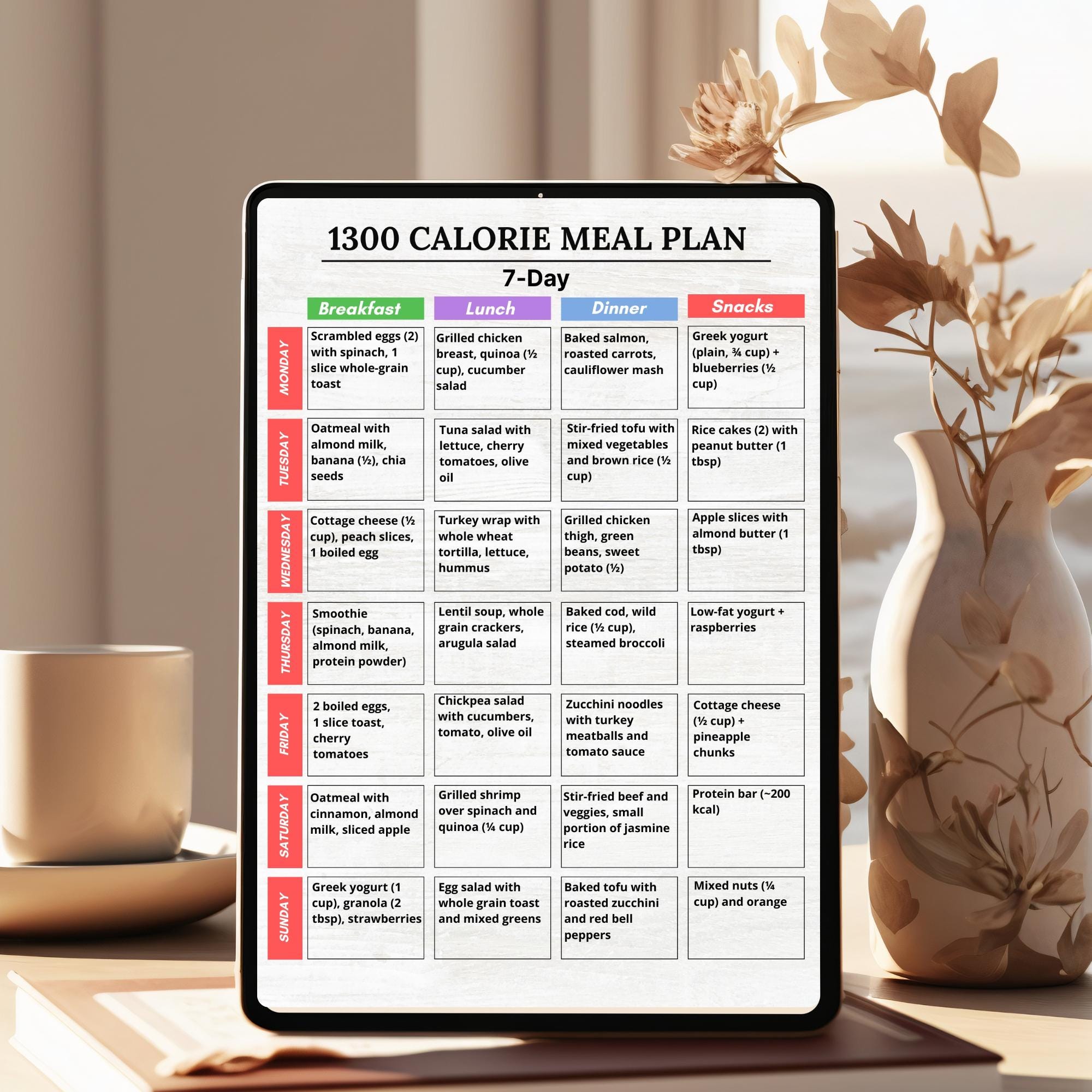 1300 Calories Diet Plan Food Chart, 1300 Calories Diet Food List, 1300 ...