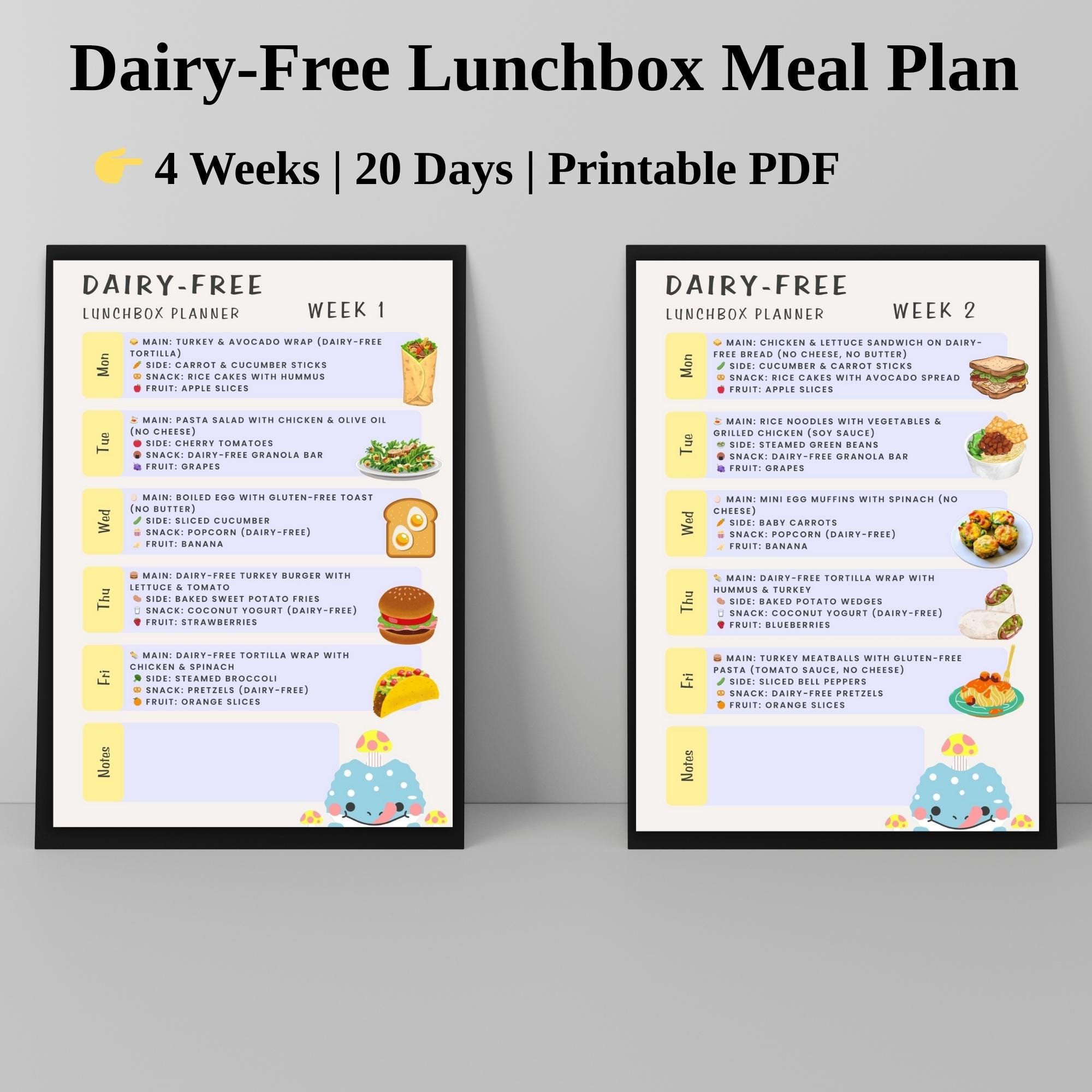 Dairy Free Lunchbox Planner for Kids, Dairy-free School Lunch Ideas, 4 ...