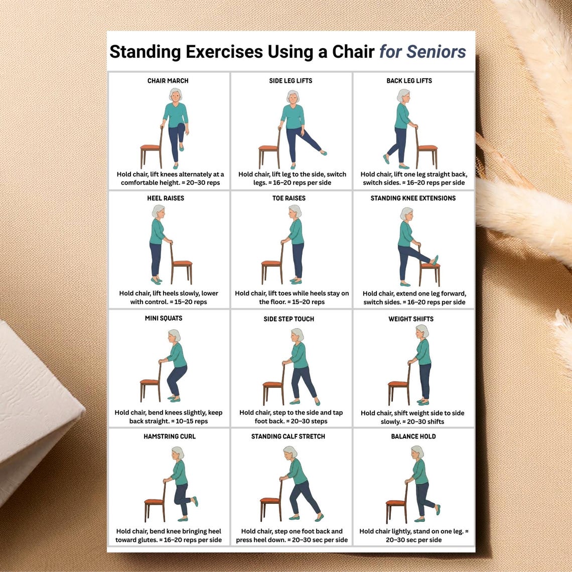 Seniors Chair Exercises Standing Printable PDF | Low Impact No Jump ...