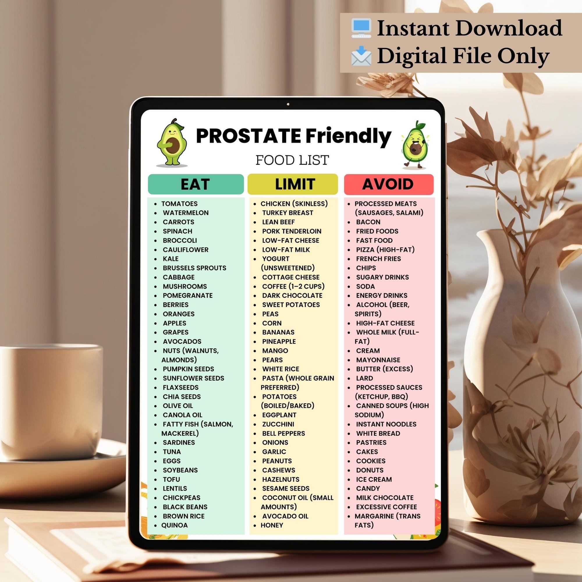 Prostate Friendly Food List, Prostate Diet Printable, Digital Grocery ...