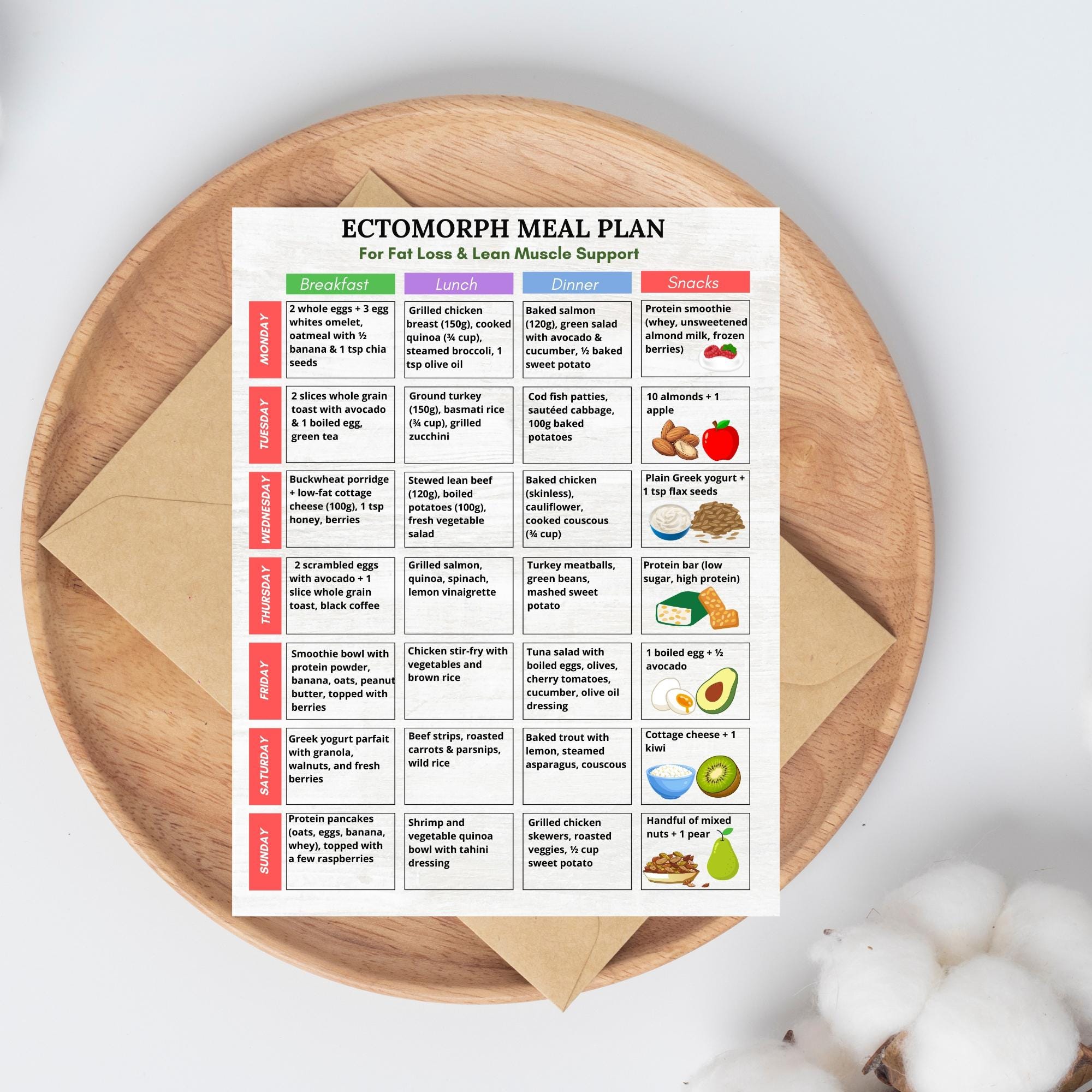 Ectomorph Meal Plan PDF, 7-day Macro-based Food Chart, Printable ...