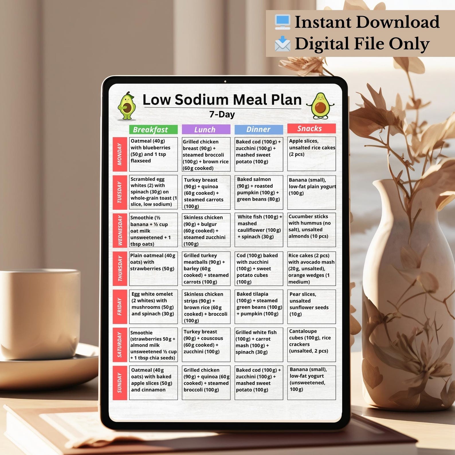 Low Sodium Meal Plan 7 Day, Low Salt Diet for Hypertension, High Blood ...