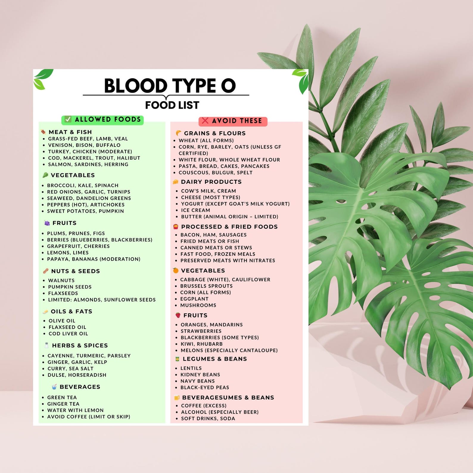 Blood Type O Food Chart, Type O Grocery List Printable, Shopping List ...