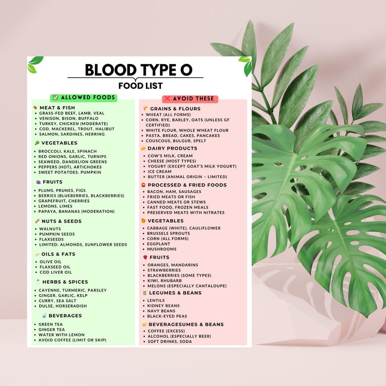 Blood Type O Food Chart, Type O Grocery List Printable, Shopping List ...