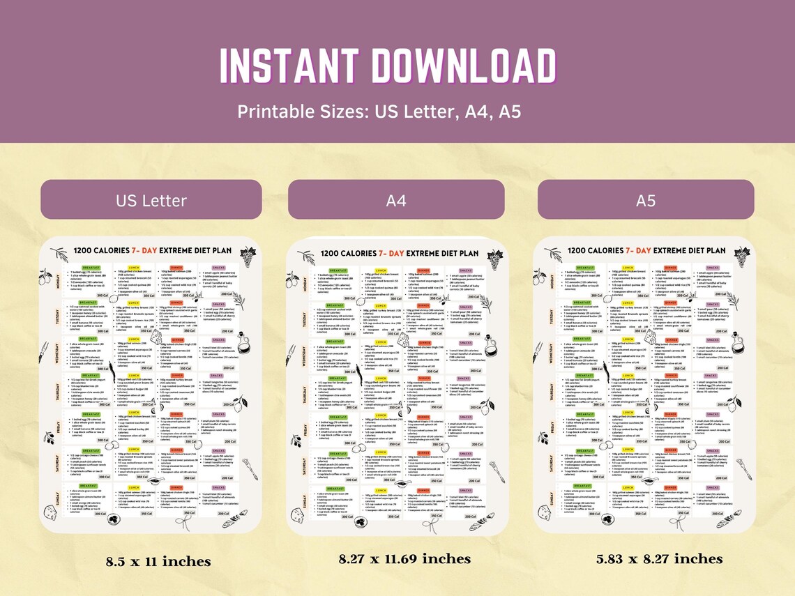 1200 Calories Extreme Diet Plan, Dietitian Low Calorie Diet Planner for ...