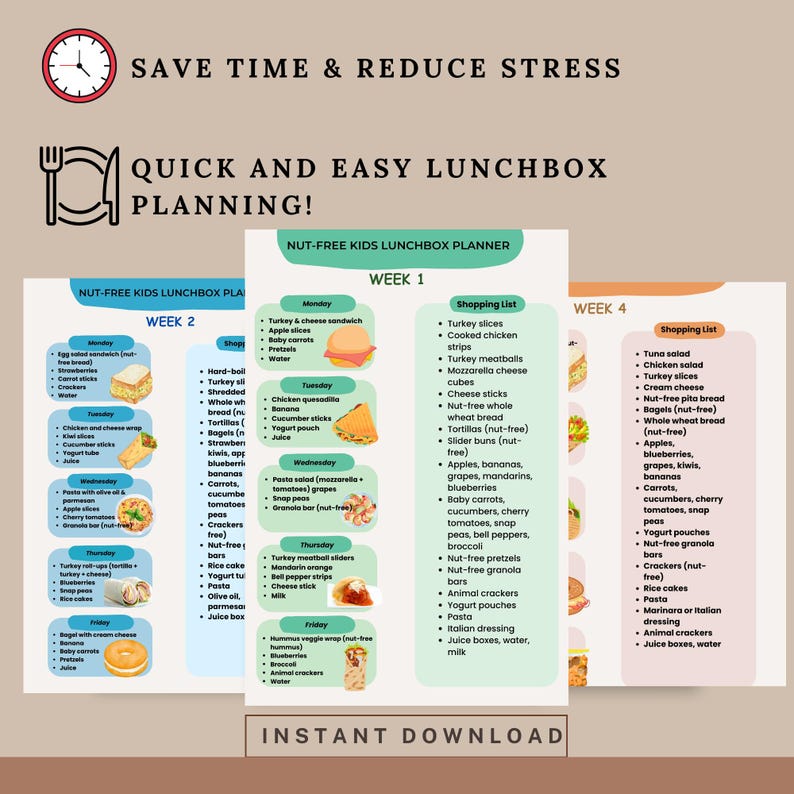 Nut-free Kids Lunchbox Planner | 4-week School Meal Plan & Grocery List ...