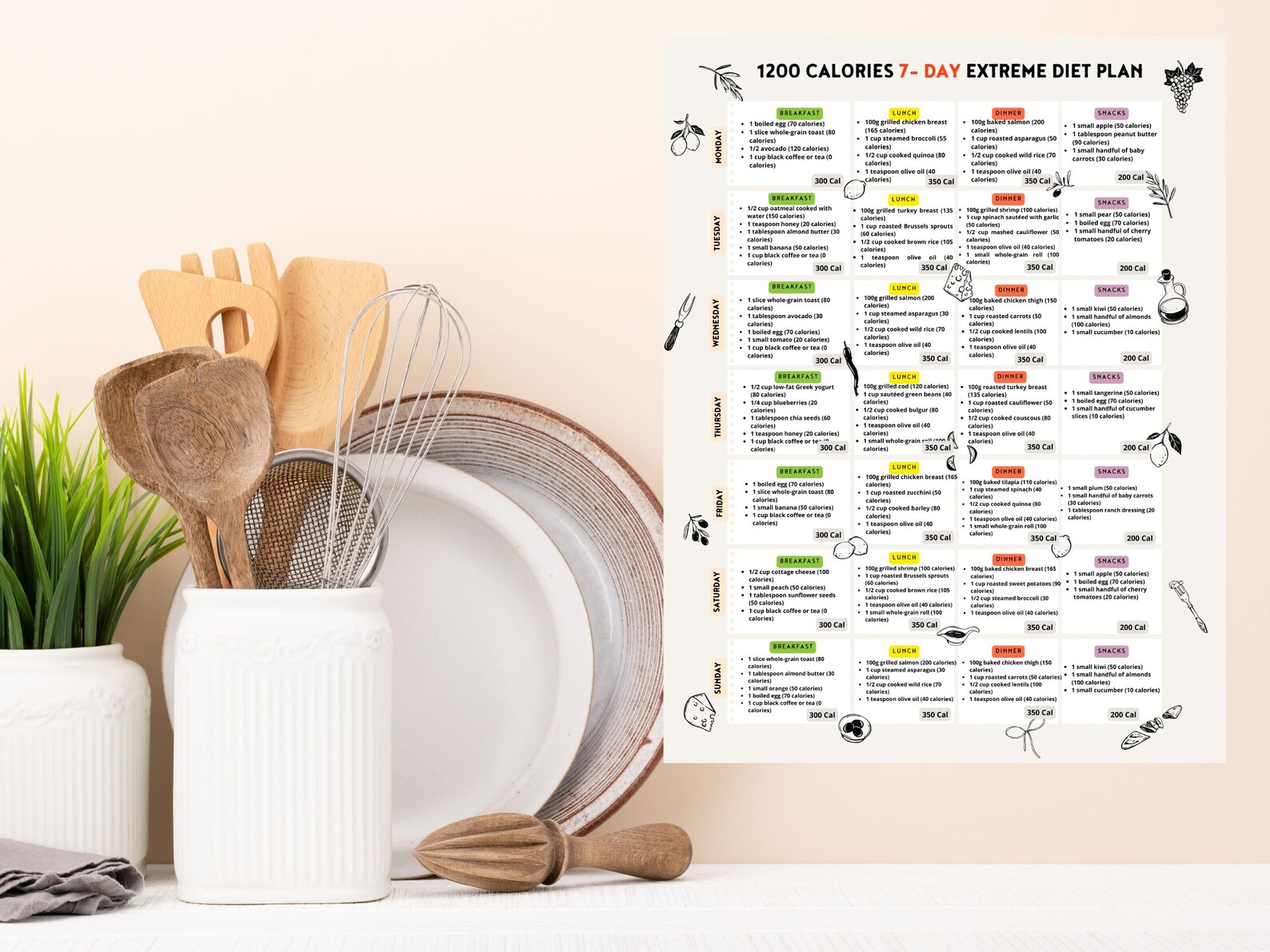1200 Calories Extreme Diet Plan, Dietitian Low Calorie Diet Planner for ...