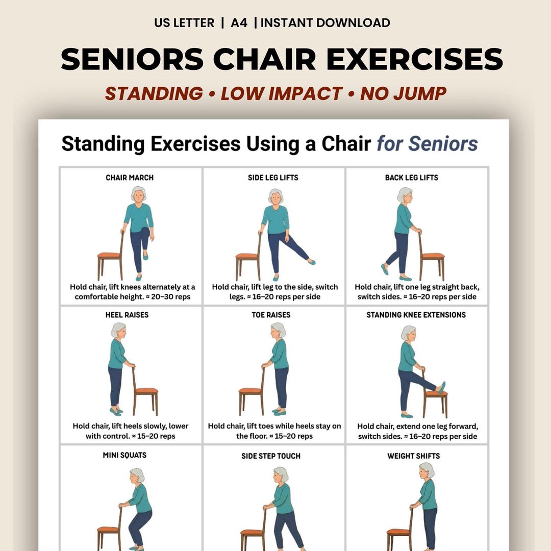 Seniors Chair Exercises Standing Printable PDF | Low Impact No Jump ...