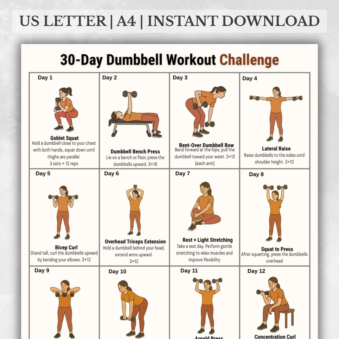 30 Day Dumbbell Workout Challenge Printable | Strength Training Chart ...