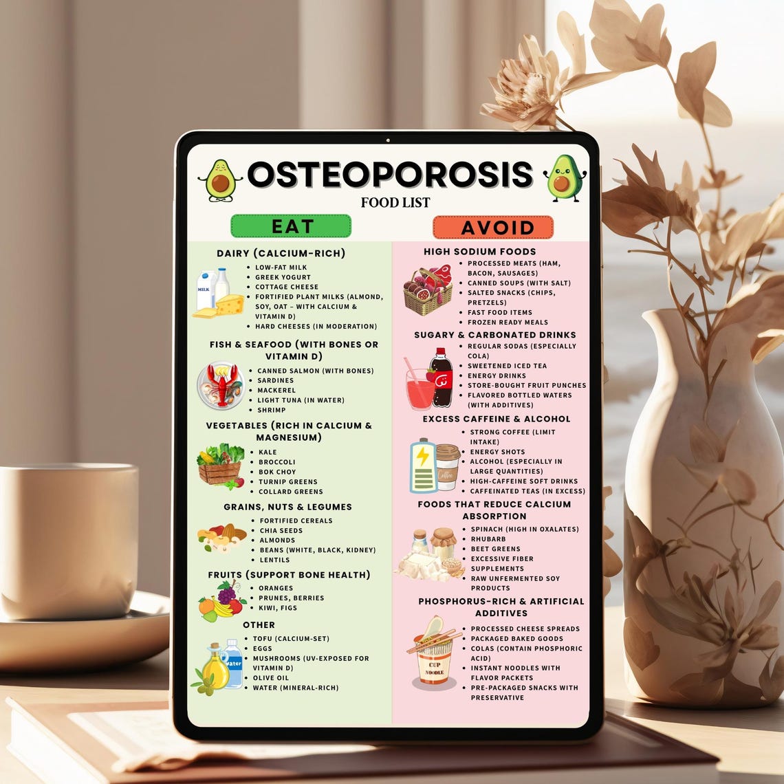 Osteoporosis Food List Printable, Osteoporosis Food Chart, High Calcium ...