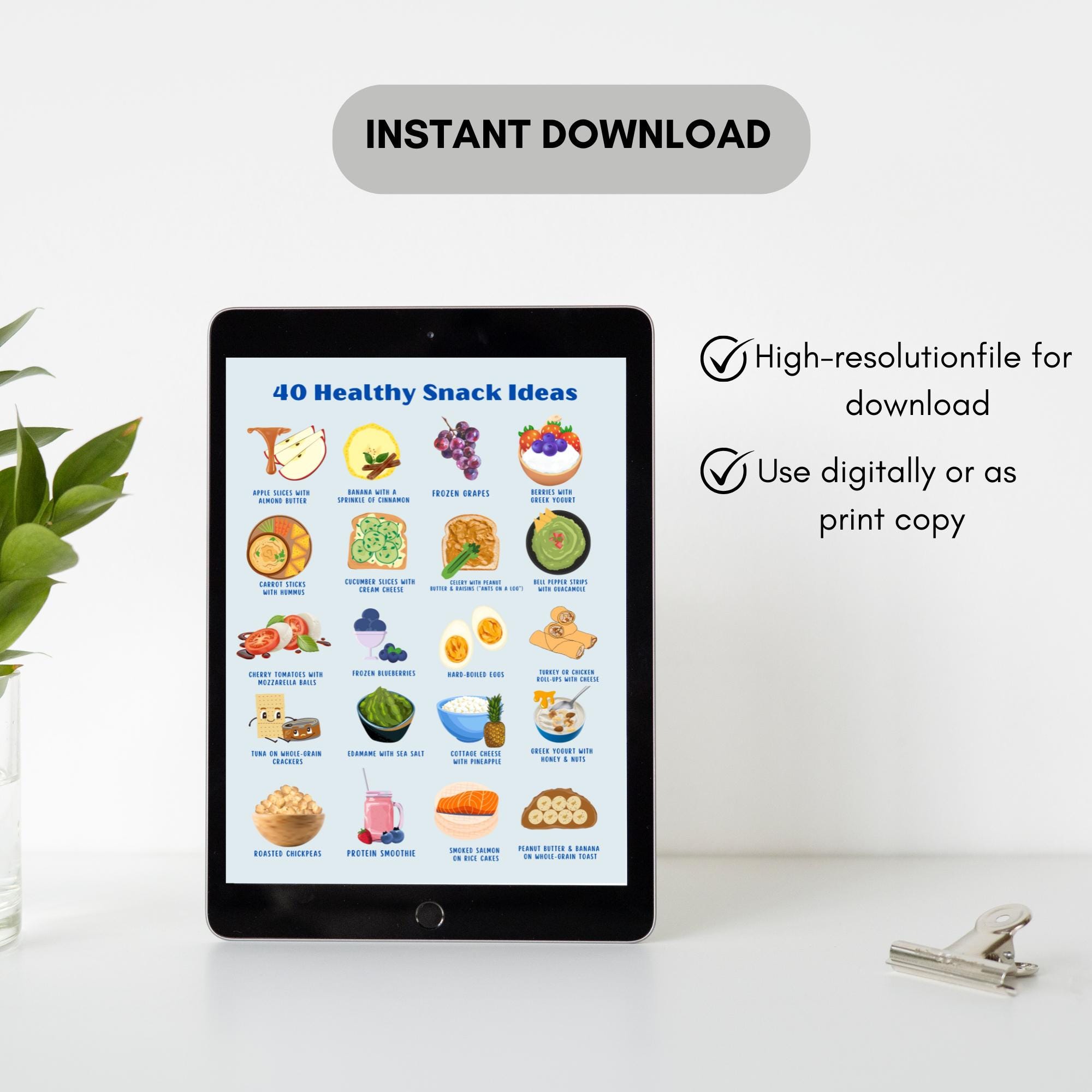 Healthy Snack Ideas Printable PDF – 40 Snack Options for Home, Work ...