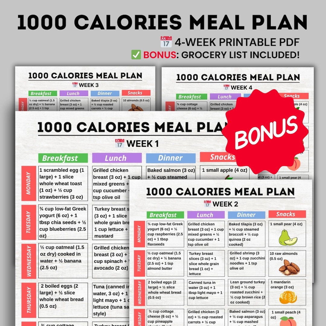 1000 Calories Diet Plan PDF – 28 Day 1000 Calories per Day Menu – Low ...