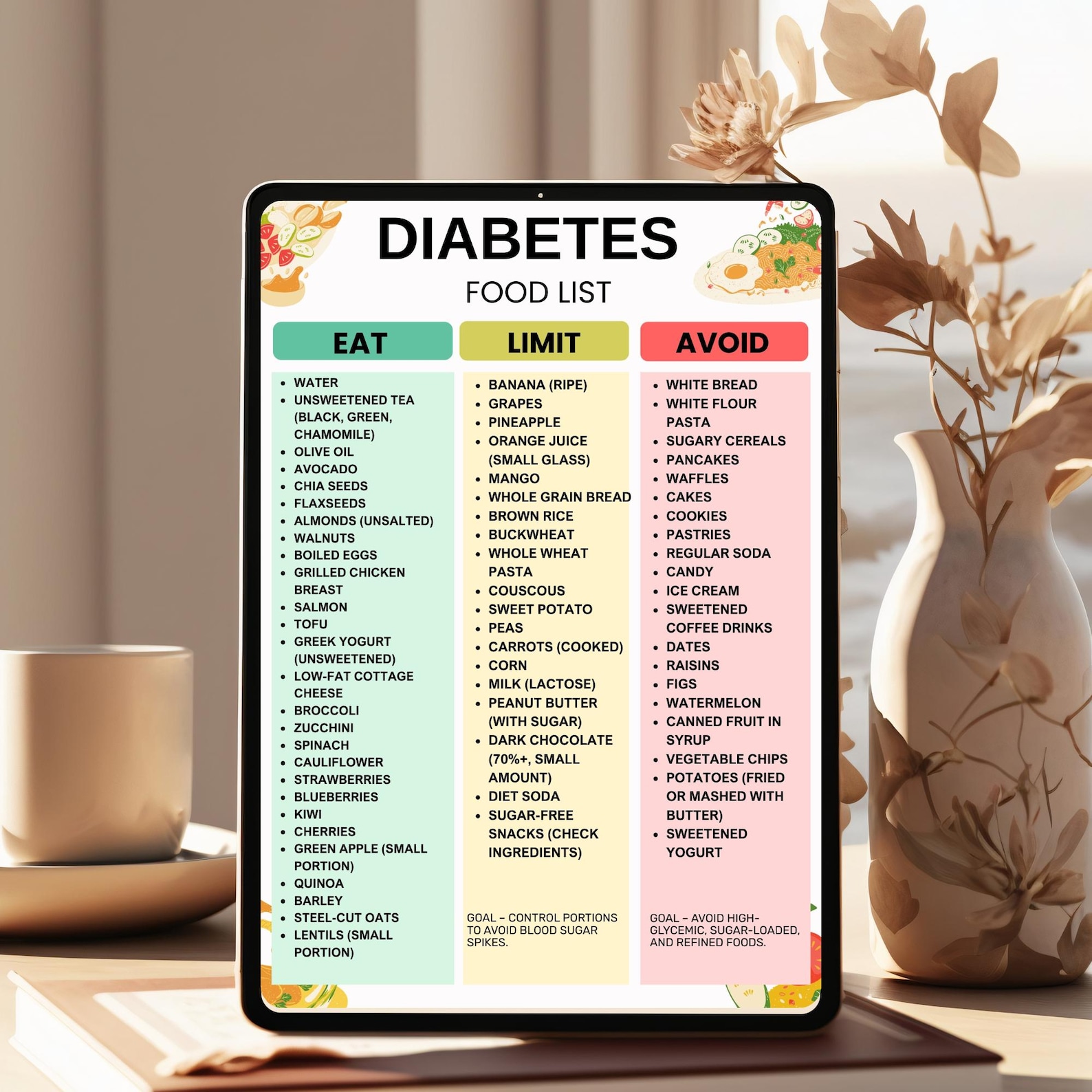 Diabetes Food List, Diabetes Food Chart, Diabetic Diet Sheet, Diabetic ...