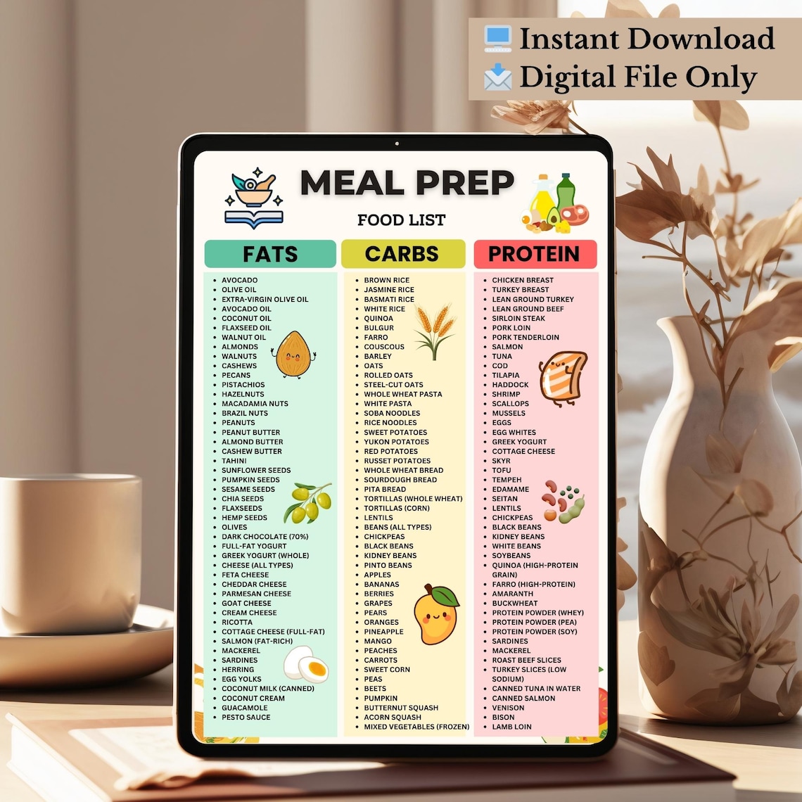 Meal Prep Food List Printable, Protein Carbs Fats Chart, Meal Prep ...