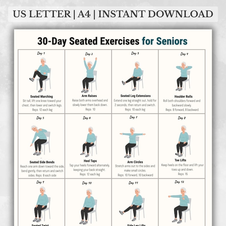 30 Day Seated Exercises for Seniors Printable | Chair Exercise Chart ...