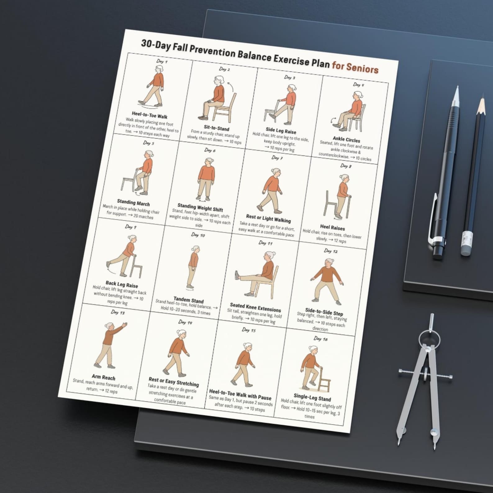 30 Day Balance Exercises for Seniors Printable | Fall Prevention ...