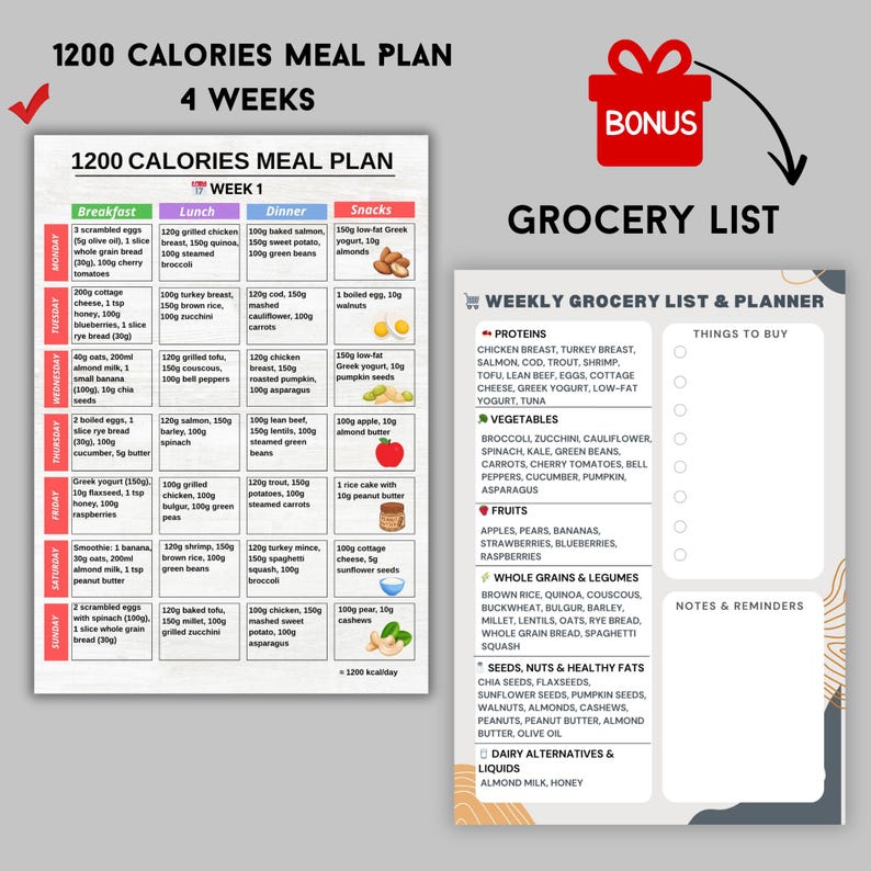 1200 Calorie Meal Plan 4-week PDF, 1200 Calories Diet Food List, 1200 ...