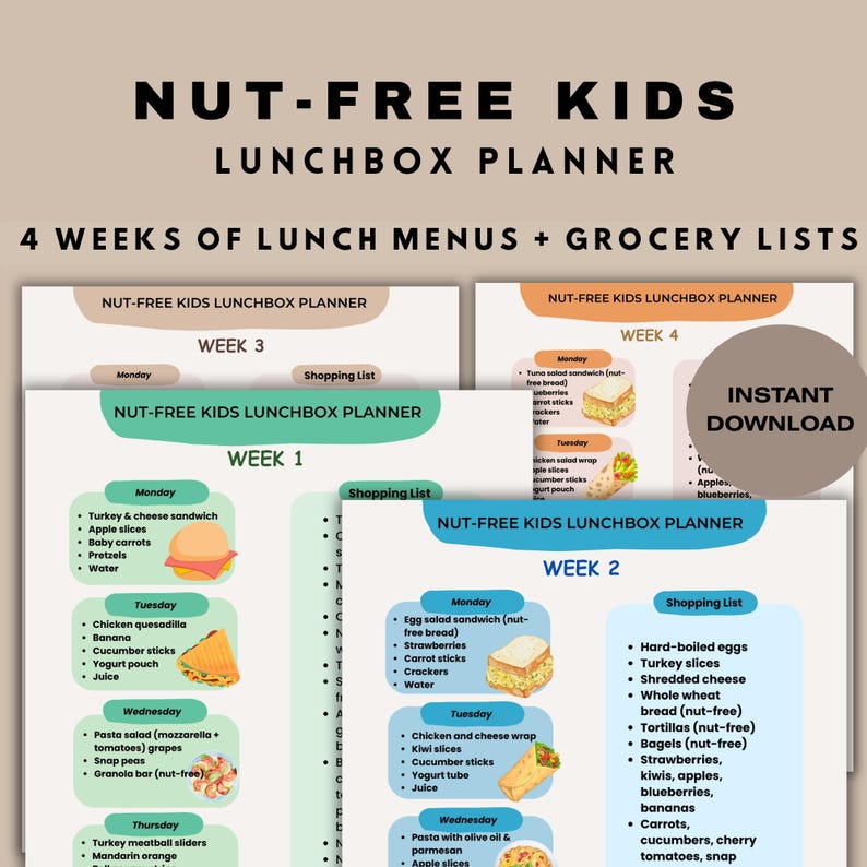 Nut-free Kids Lunchbox Planner | 4-week School Meal Plan & Grocery List ...