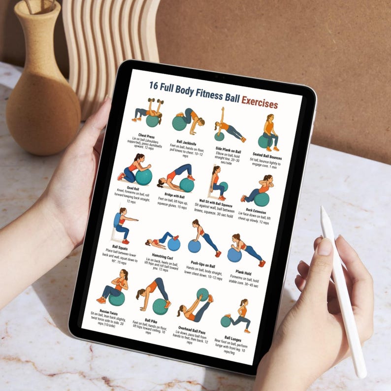 16 Full Body Fitness Ball Exercises Workout Poster, Stability Ball ...