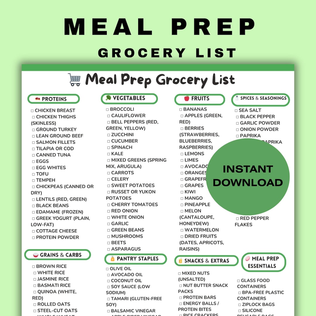 Meal Prep Grocery List PDF – Clean Eating Food Checklist, Weekly Meal ...