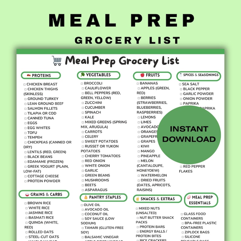 Meal Prep Grocery List PDF – Clean Eating Food Checklist, Weekly Meal ...