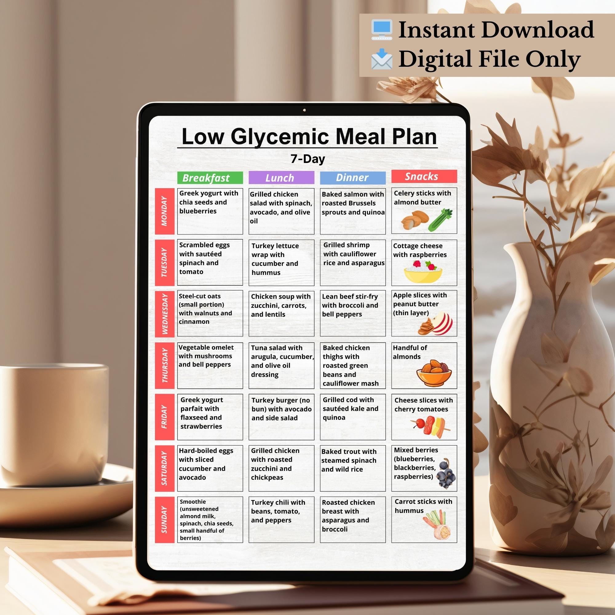 Low Glycemic Meal Planner, 7-day Low GI Meal Plan for Diabetic Diet ...