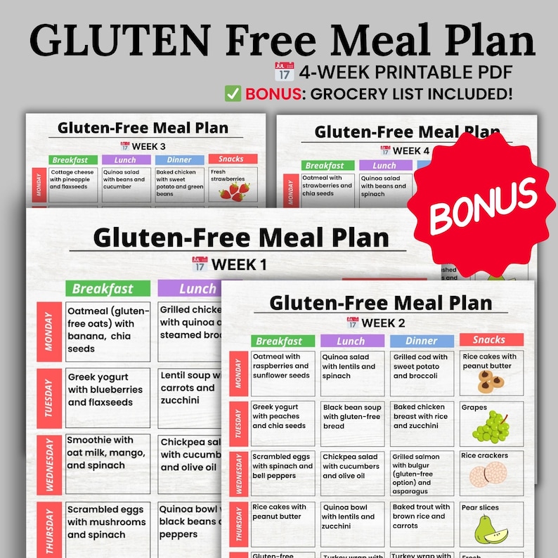 Gluten Free Meal Plan 28 Day PDF, 4 Week Celiac Diet Menu Printable ...