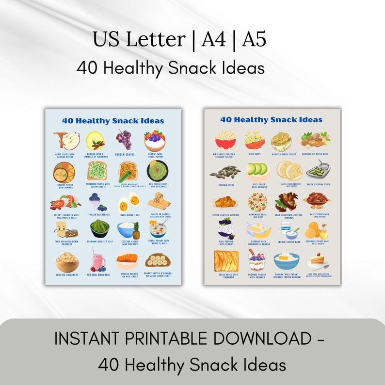 Healthy Snack Ideas Printable PDF – 40 Snack Options for Home, Work ...