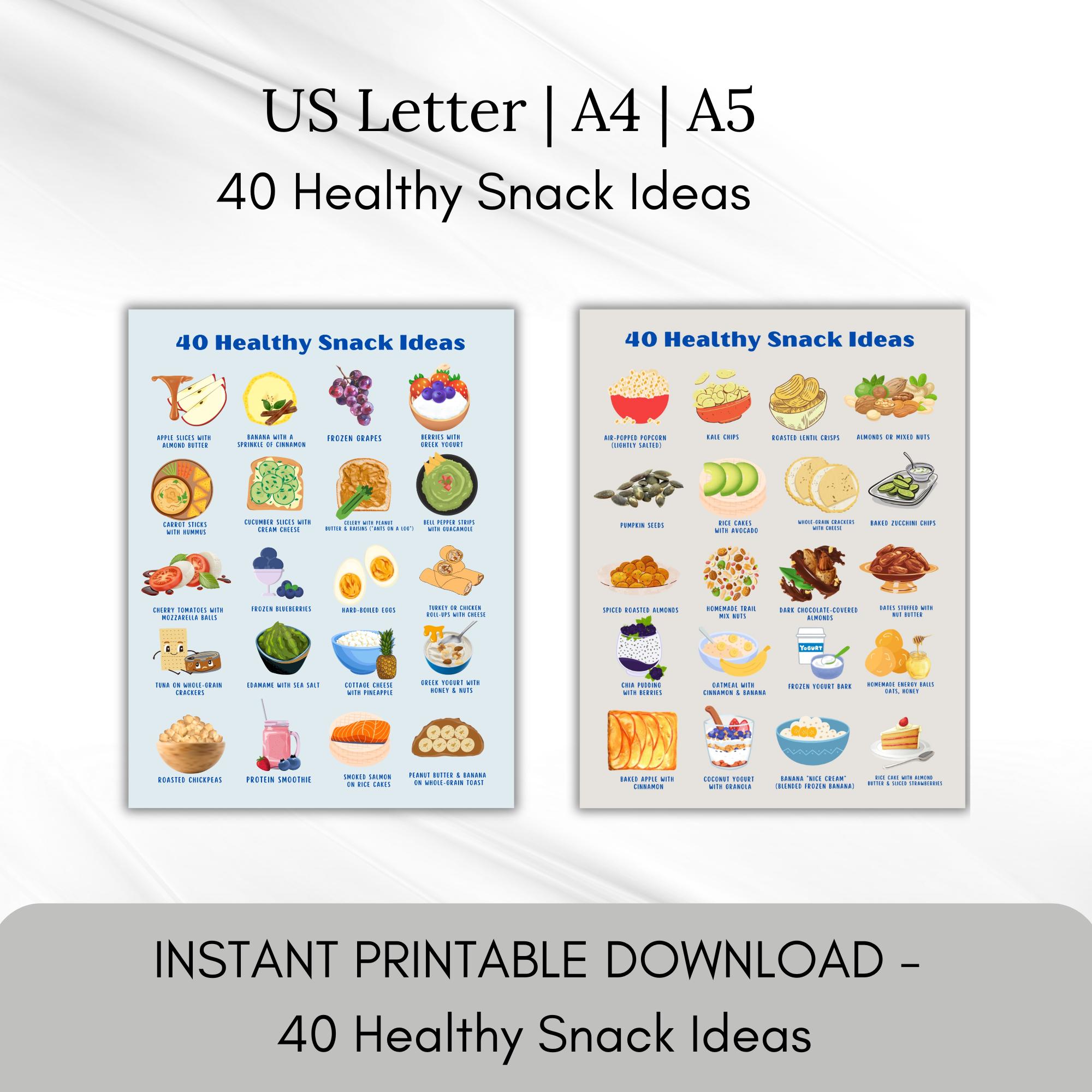Healthy Snack Ideas Printable PDF – 40 Snack Options for Home, Work ...