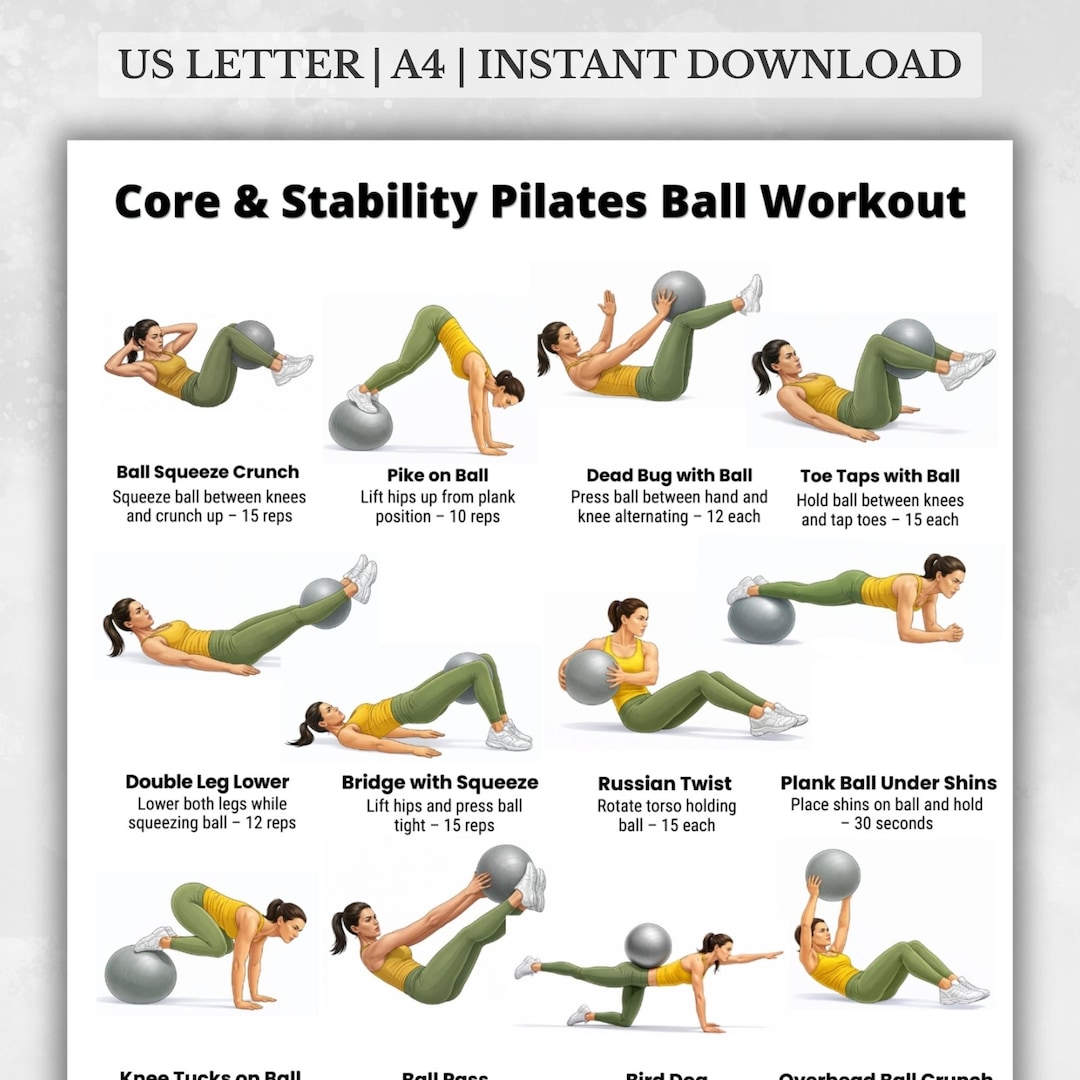 Core and Stability Pilates Ball Workout Printable PDF, Stability Ball ...