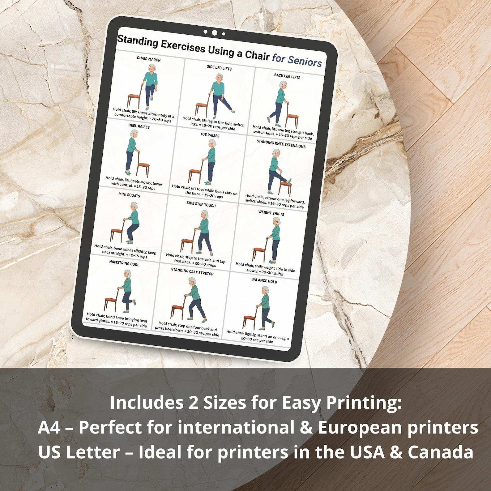 Seniors Chair Exercises Standing Printable PDF | Low Impact No Jump ...