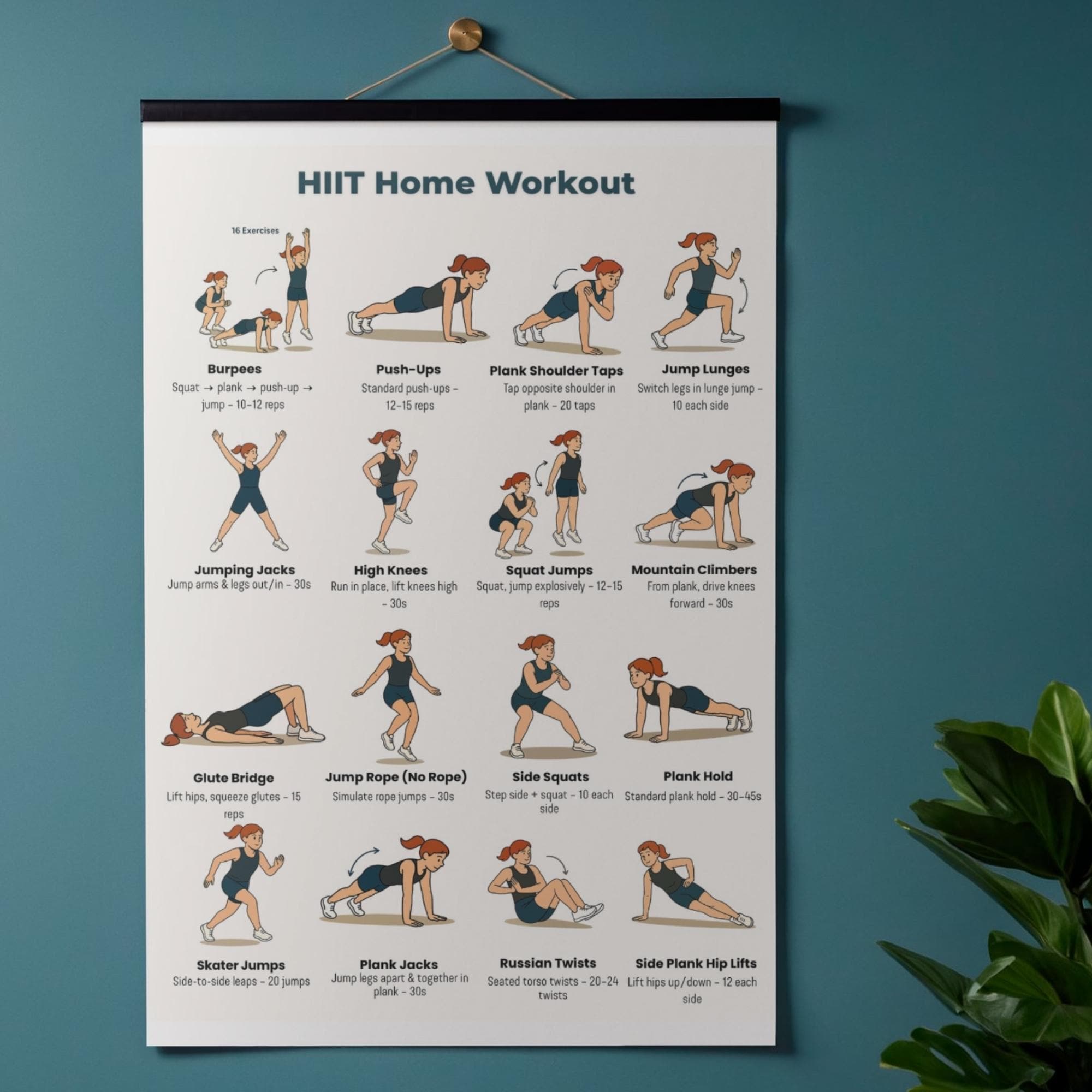 HIIT Home Workout Printable | Full Body Cardio Exercise Chart | 16 ...