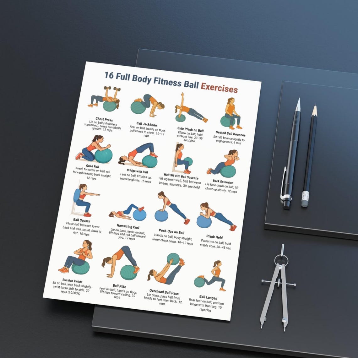 16 Full Body Fitness Ball Exercises Workout Poster, Stability Ball ...
