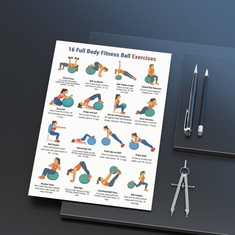 16 Full Body Fitness Ball Exercises Workout Poster, Stability Ball ...