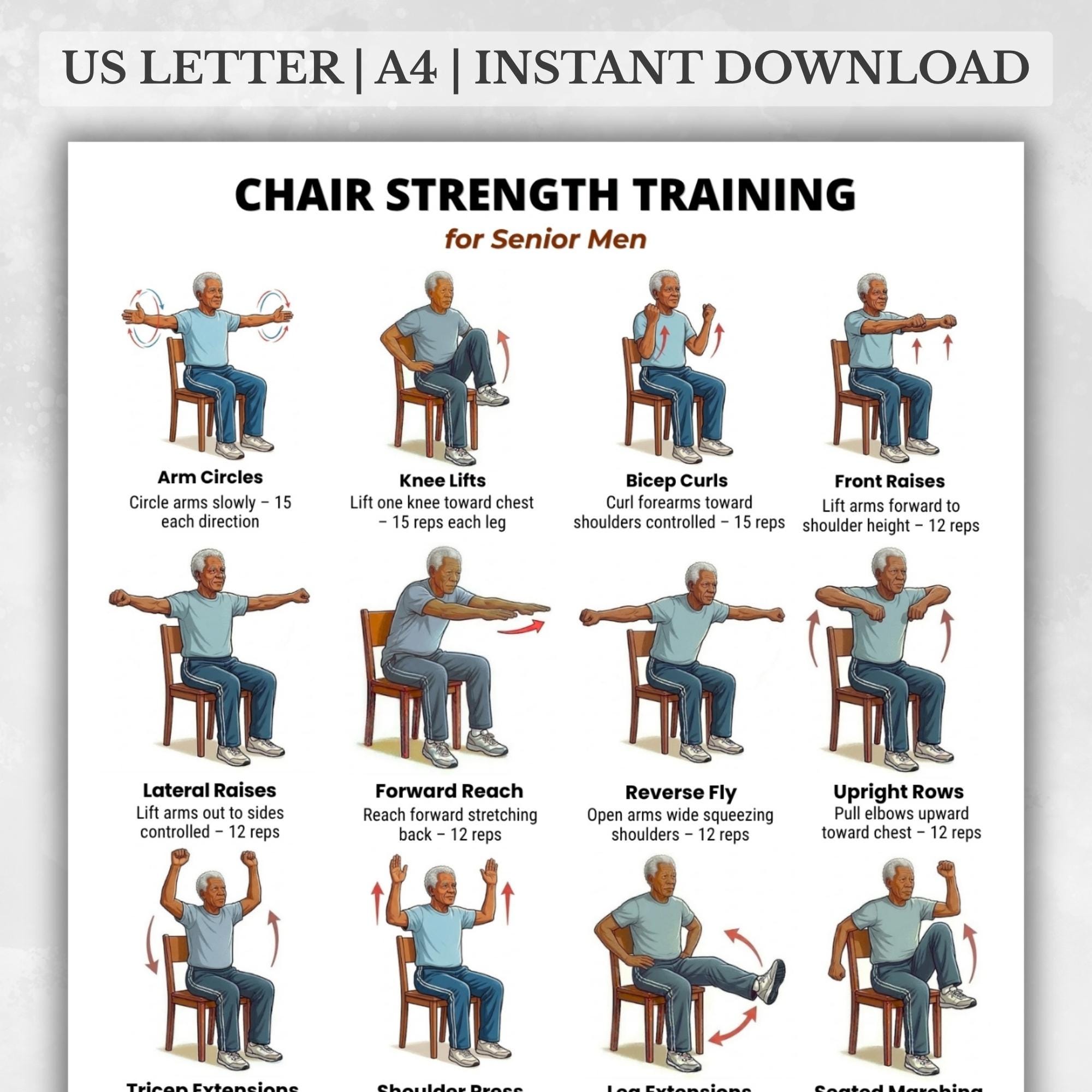 Chair Workout for Senior Men Printable PDF, Seated Strength Training ...