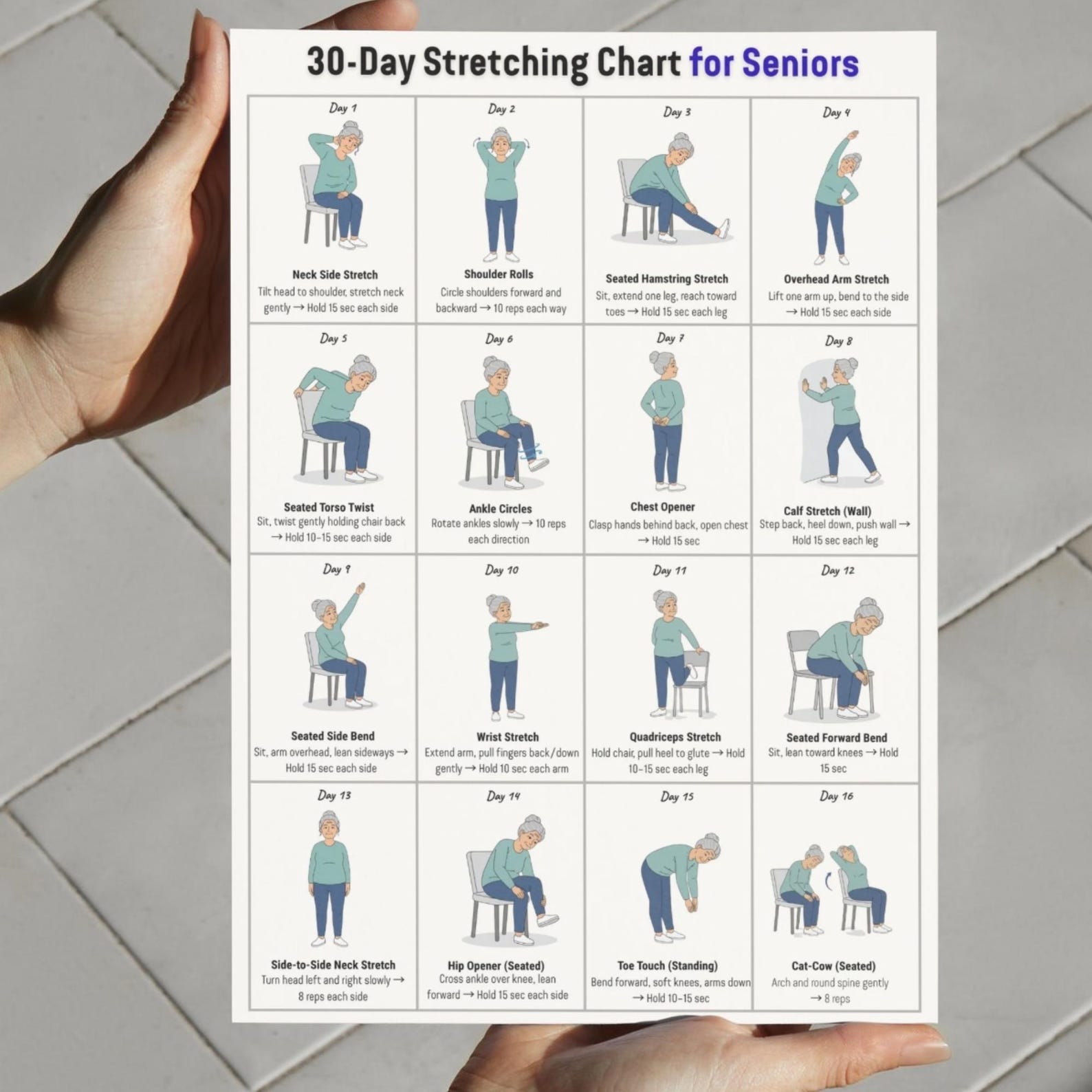 30 Day Stretching Chart for Seniors Printable | Gentle Flexibility ...