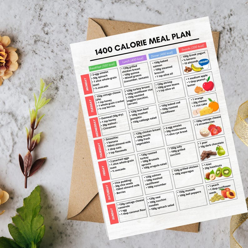 1400 Calorie Meal Plan PDF, 7-day Food Planner Printable, Portion ...