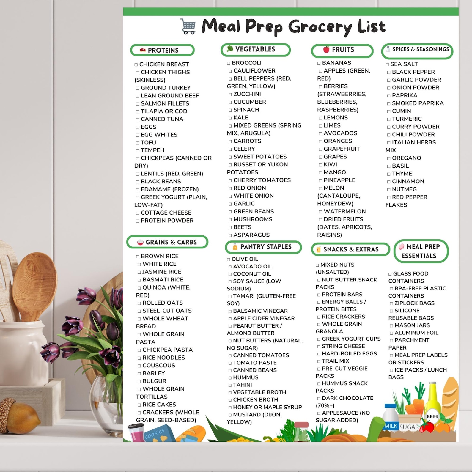 Meal Prep Grocery List PDF – Clean Eating Food Checklist, Weekly Meal ...