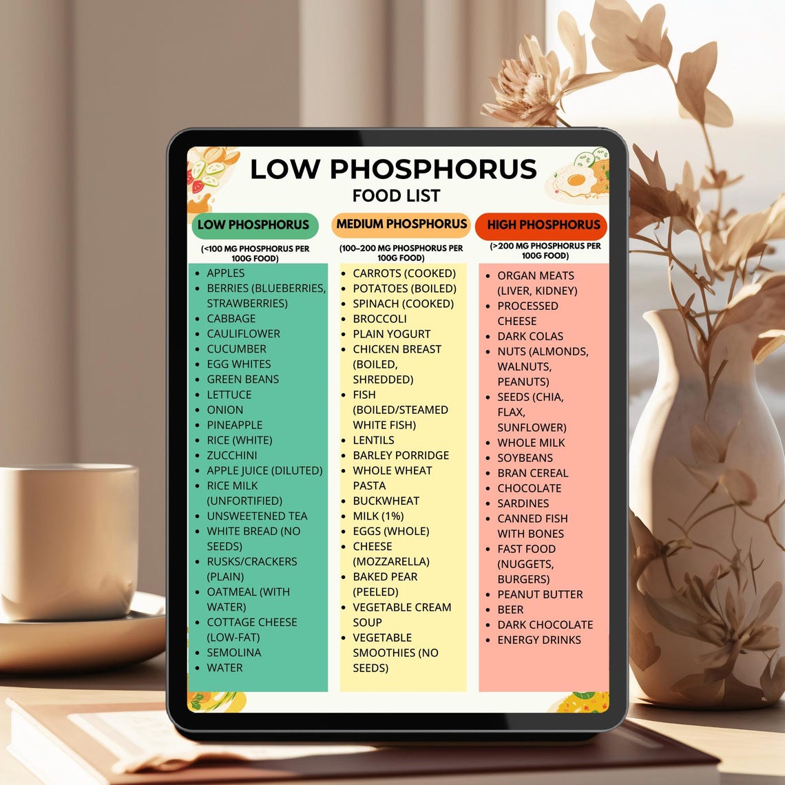Low Phosphorus Food List Printable, Phosphorus Chart, CKD Food List ...