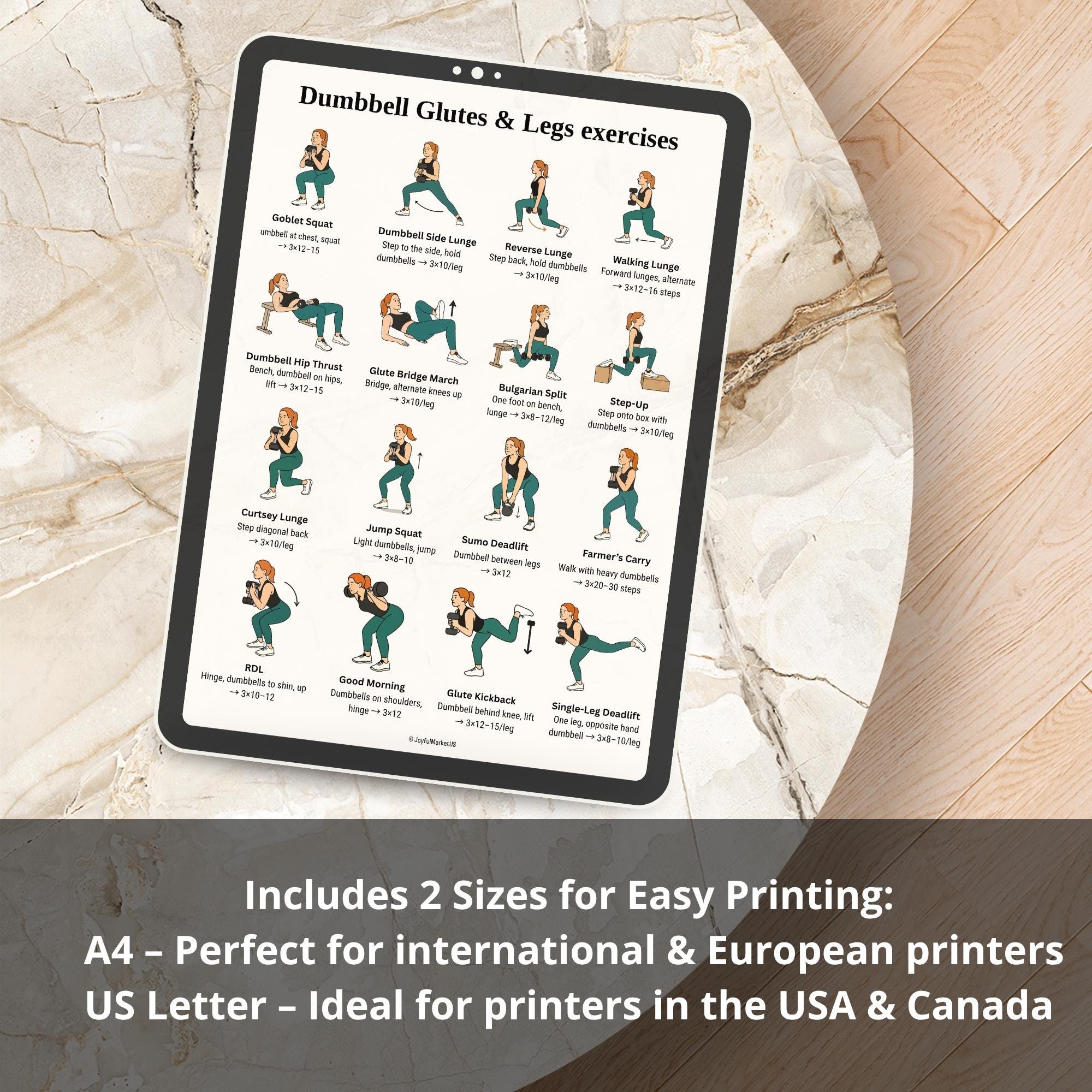 Dumbbell Glutes and Legs Exercises Printable | Lower Body Workout Chart ...