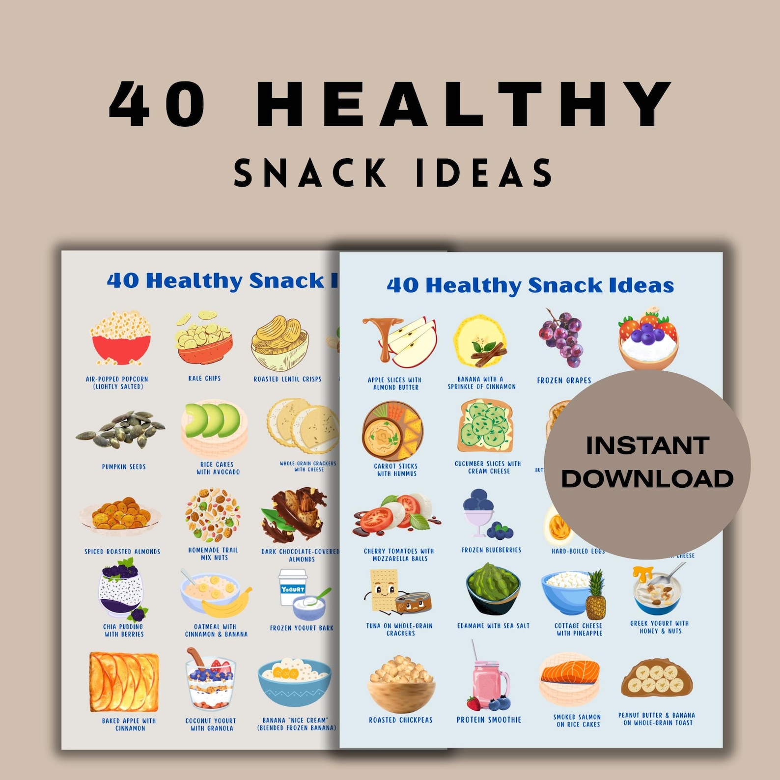 Healthy Snack Ideas Printable PDF – 40 Snack Options for Home, Work ...