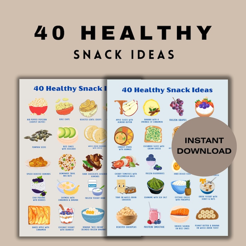 Healthy Snack Ideas Printable PDF – 40 Snack Options for Home, Work ...